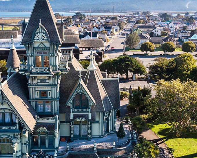 Eureka's waterfront offers a postcard-perfect blend of Victorian charm and maritime bustle. The Carson Mansion stands guard while boats gently bob in the harbor.