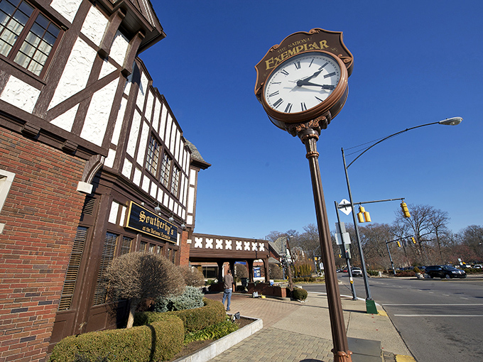 The National Exemplar clock stands sentinel over Mariemont's Tudor-inspired streetscape, where time seems to move at a more civilized pace.