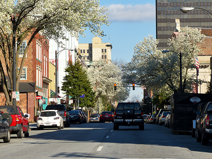 Lynchburg's skyline at sunset looks like someone spilled a box of vintage brick buildings beneath a cotton candy sky.