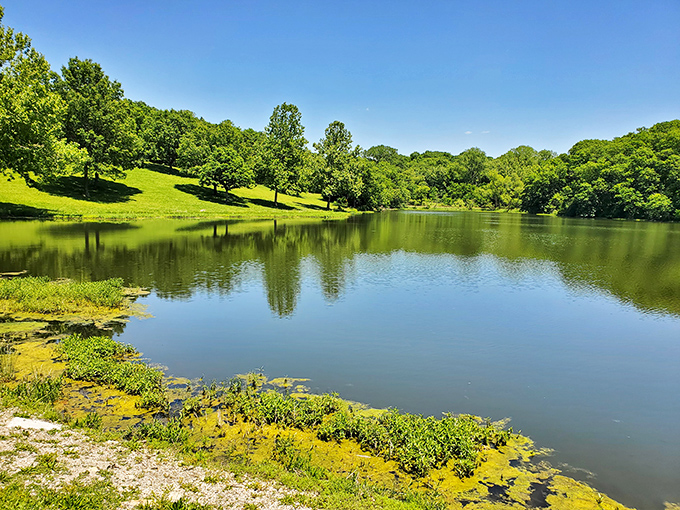Mirror-like waters reflect a tapestry of green hills&mdash;nature's version of a selfie that never needs a filter.