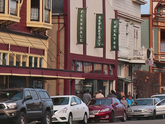 Ferndale's Repertory Theatre banners hang proudly on Main Street, inviting you into a world where Victorian charm meets small-town hospitality.