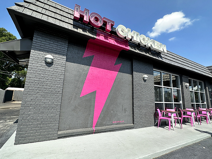 That hot pink lightning bolt isn't just eye-catching&mdash;it's a warning shot to ordinary chicken joints everywhere. Prepare for flavor that electrifies!