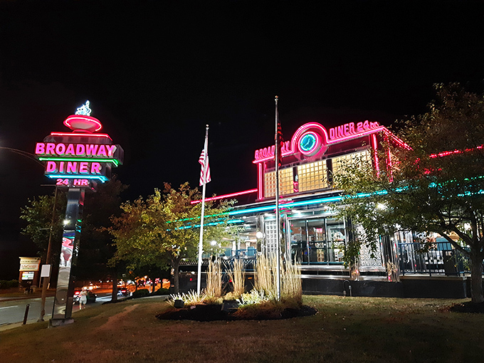 The Broadway Diner's neon glow transforms an ordinary Baltimore night into a scene from an Edward Hopper painting with better food options.
