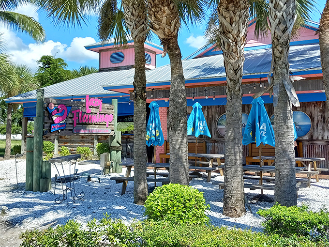 The pink and blue exterior of The Lazy Flamingo stands out like a flamingo at a penguin convention&mdash;Florida casual at its finest.