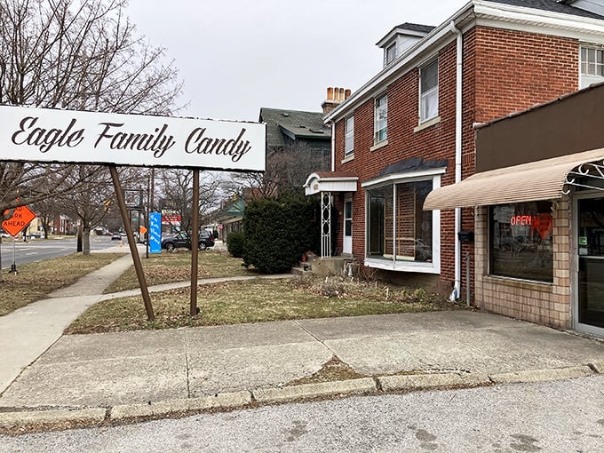 The unassuming brick building houses Columbus's sweetest secret – where chocolate dreams come true behind that simple "Eagle Family Candy" sign.