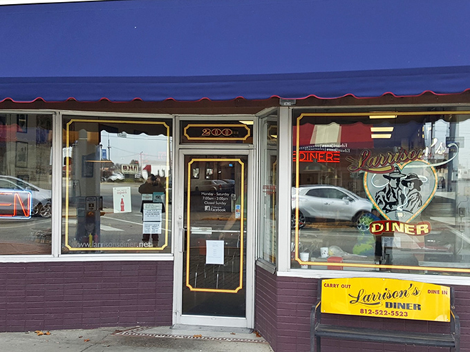 That iconic blue awning isn't just decoration&mdash;it's a beacon for hungry souls wandering downtown Seymour, promising comfort food salvation inside.