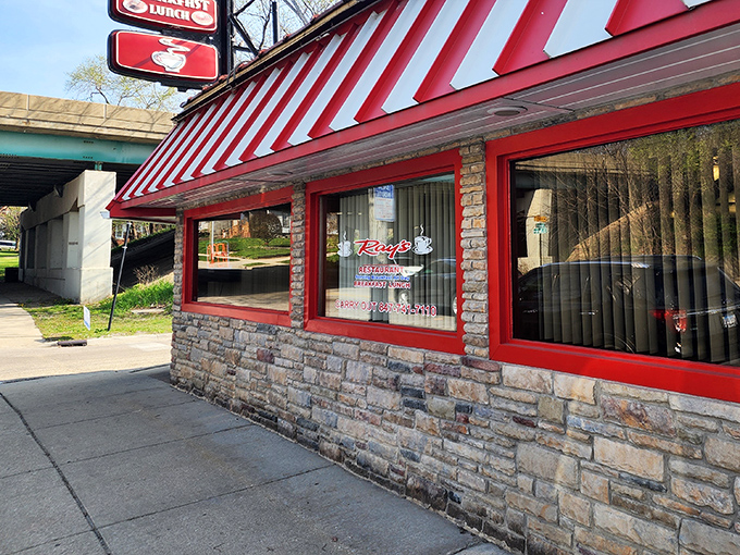 The red and white striped awning of Ray's isn't just eye-catching&mdash;it's a beacon of breakfast hope for hungry Elgin residents seeking comfort food salvation.