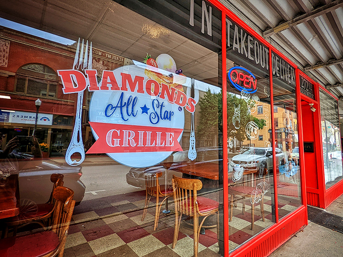 The bright red exterior of Diamonds All Star Grille stands out on Chestnut Street like a beacon for hungry travelers. Classic diner charm in downtown Meadville.