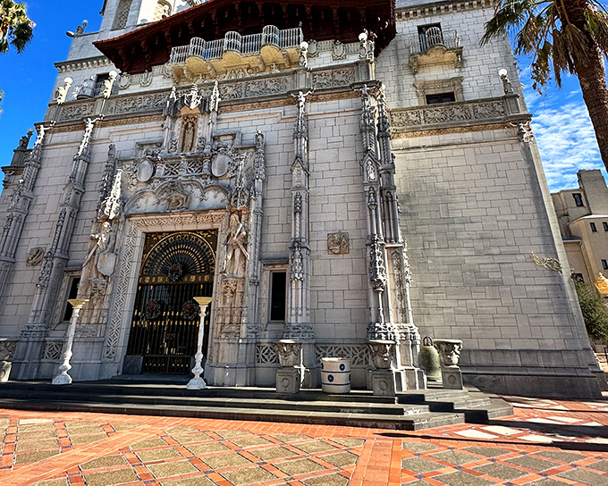 The grand entrance to Hearst Castle feels like stepping into a European fantasy, complete with ornate fountain and Mediterranean architecture that whispers "you're not in California anymore."