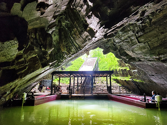 Nature's grand entrance beckons as emerald waters meet ancient limestone. Like stepping into Earth's own cathedral, complete with a baptismal font that's been 400 million years in the making.