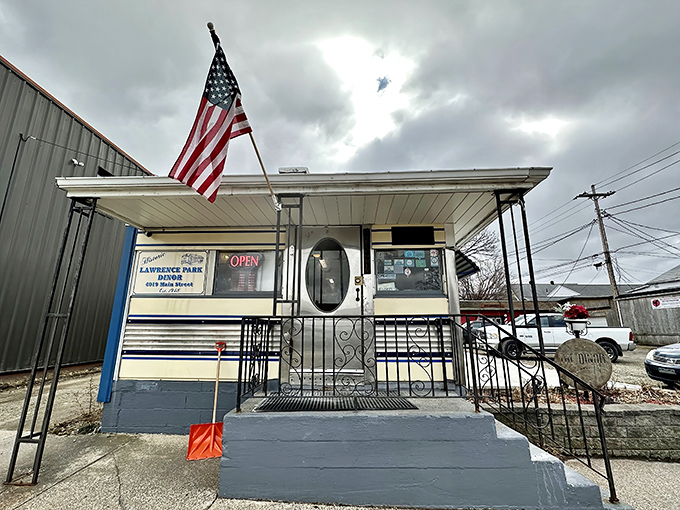 The classic railcar silhouette of Lawrence Park Dinor stands proudly in Erie, where "Dinor" isn't a typo—it's local tradition with a side of history.