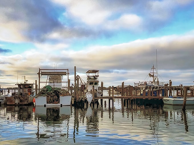 Working fishing boats reflect in glassy waters under dramatic skies. This isn't a postcard&mdash;it's Tuesday morning in Cortez, where seafood journeys mere yards from boat to plate.