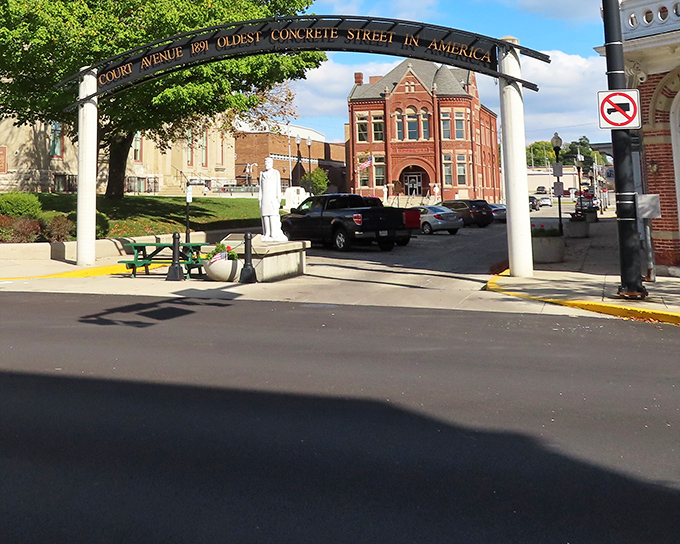 The iconic arch spanning Court Avenue proudly announces Bellefontaine's claim to concrete fame. History you can literally walk on!