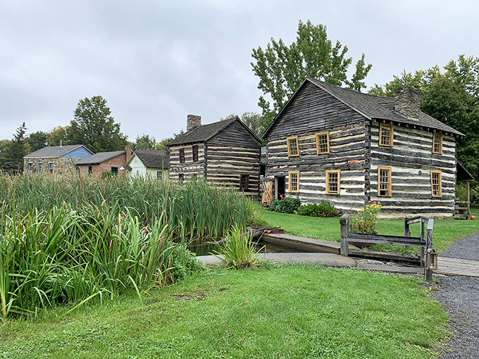 Fall foliage frames these historic log cabins perfectly, creating a scene that Instagram filters desperately try to replicate but never quite capture.