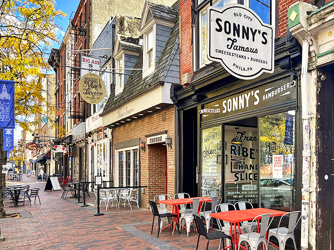 The brick-and-mortar temple of cheesesteak worship in Old City, where those bright orange chairs practically scream "sit here and prepare for deliciousness!"