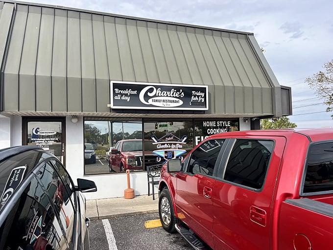 The unassuming exterior of Charlie's Family Restaurant hides culinary treasures within. Like finding a twenty in last year's winter coat – unexpected joy awaits!