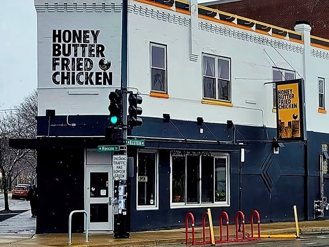 The corner building that houses Honey Butter Fried Chicken stands like a beacon of comfort food glory in Chicago's Avondale neighborhood.