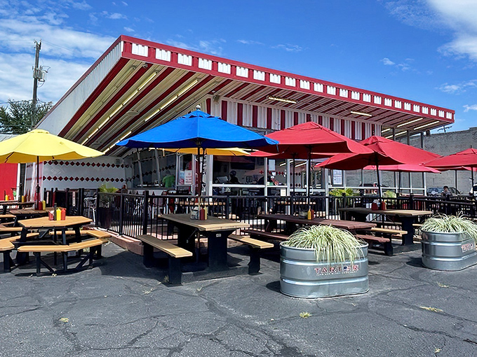 Sunlight hits the vibrant red and white stripes of this classic outdoor patio, inviting you to enjoy a perfect meal.