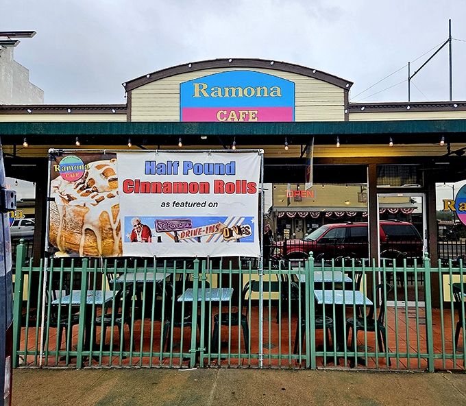 The holy grail of breakfast spots announces itself boldly. Ramona Cafe's banner proudly proclaims what pilgrims travel miles to experience: those legendary half-pound cinnamon rolls.