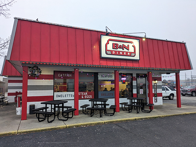 The bright red exterior of B&N Diner stands like a beacon of breakfast hope on Lafayette's landscape. No pretension, just promise.