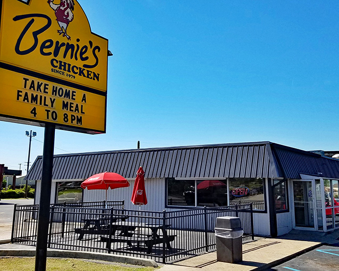 Bernie's modest exterior with its blue metal roof and glowing "OPEN" sign isn't trying to win architectural awards&mdash;it's saving all that energy for what's on your plate.