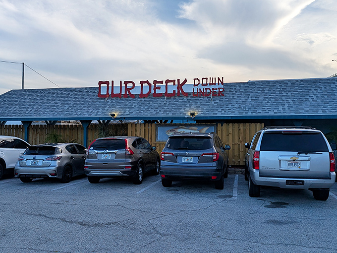 The unassuming entrance to seafood paradise. Like all great Florida treasures, Our Deck Down Under hides in plain sight, promising nautical delights beneath the bridge.