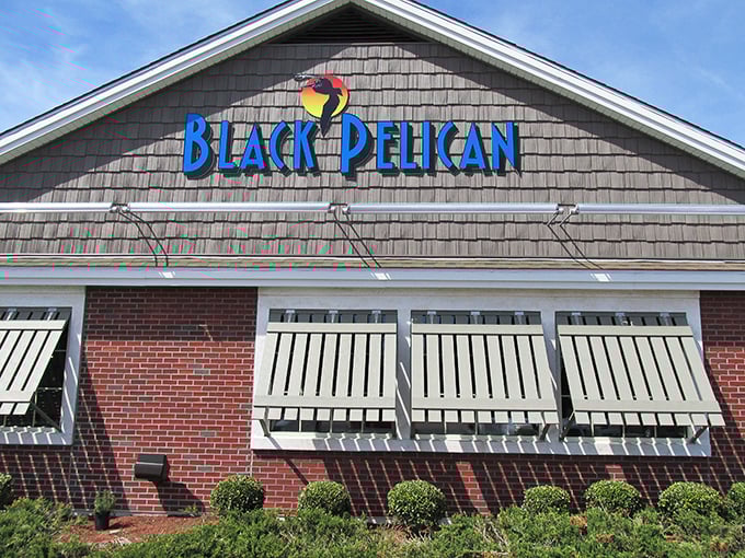 The Black Pelican's colorful sign welcomes hungry travelers with coastal charm. Those weathered shingles have stories to tell.