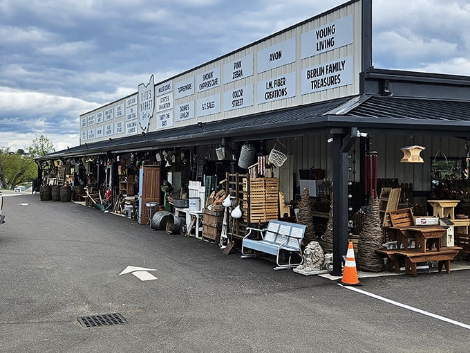 Vintage crockery heaven! That taxidermied fox seems to be guarding a treasure trove of antique stoneware and rustic furniture.