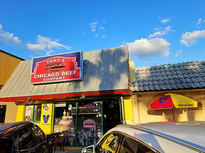 The bright yellow exterior with that iconic red sign is like a beacon for homesick Chicagoans wandering the Florida coastline.