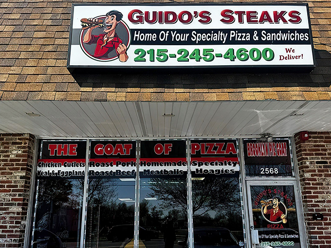The unassuming storefront promises big flavor within. Guido's bold signage declares its sandwich supremacy to all of Bensalem.