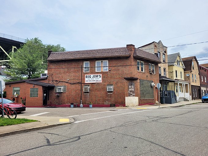 The unassuming brick exterior of Big Jim's stands like a culinary speakeasy in Pittsburgh's Four Mile Run neighborhood. No fancy frills, just fantastic food inside.