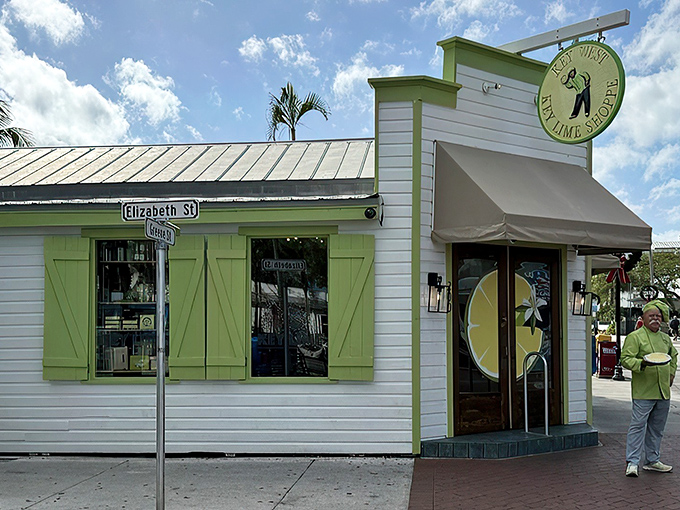 The cheerful yellow and green facade of Kermit's stands out like a beacon of citrus hope on Elizabeth Street. Key West architecture with key lime attitude!