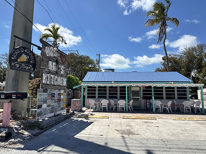 The unassuming turquoise exterior of Mrs. Mac's Kitchen stands like a tropical oasis amid the Florida sunshine. Paradise found at mile marker 99. 