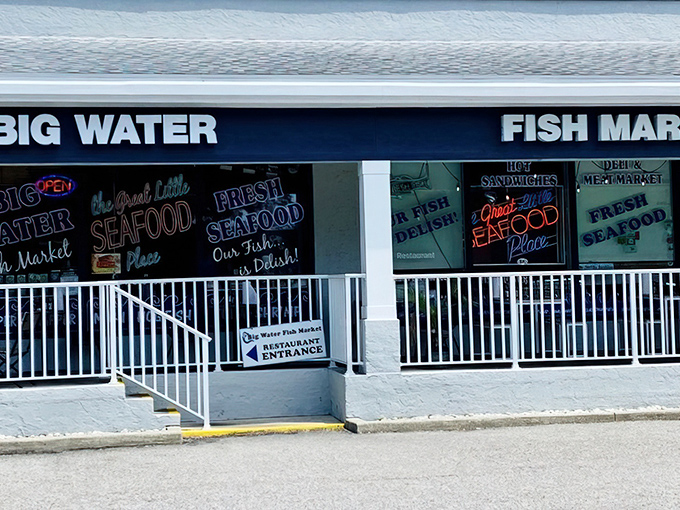The unassuming storefront belies the seafood treasures within. Like finding a pearl in an oyster, Big Water Fish Market's exterior promises "Our Fish is Delish!"