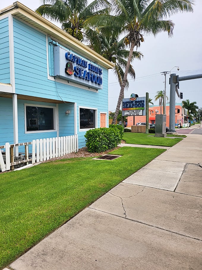 The cheerful blue exterior of Captain Eddie's stands like a tropical oasis in Nokomis, promising seafood treasures that locals have treasured for years.