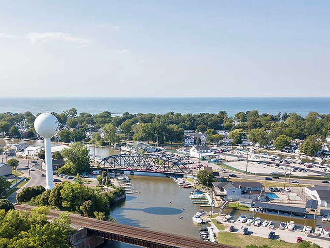 Vermilion from above looks like someone scattered a perfect model town alongside Lake Erie's shimmering waters. Small-town charm with big-time views. 