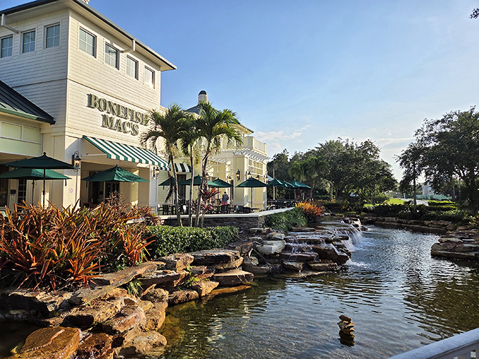 Paradise isn't always on a distant shore. Bonefish Mac's cream-colored exterior and cascading water feature create Florida's perfect seafood oasis in Port St. Lucie.