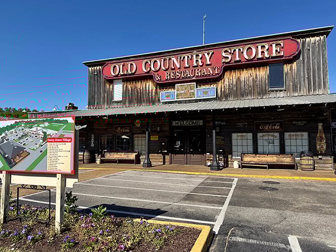 The weathered wooden exterior of Brooks Shaw's Old Country Store stands like a time capsule in Jackson, beckoning hungry travelers with nostalgic charm.