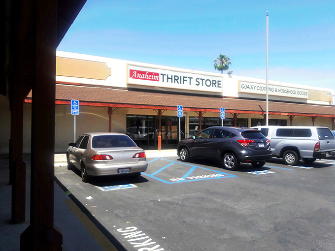 The unassuming exterior of Anaheim Thrift Store promises little but delivers a treasure trove of bargains behind those modest doors.