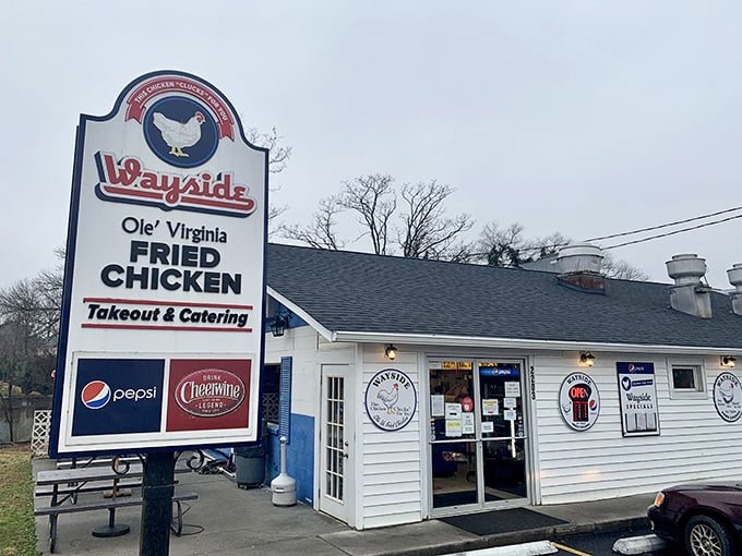 The sign says it all: "Ole' Virginia FRIED CHICKEN." Some places don't need fancy fonts or trendy design&mdash;just the promise of something delicious inside.