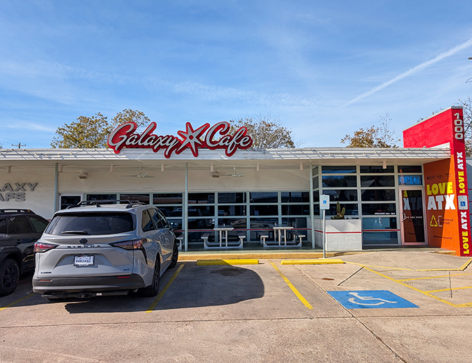 The retro-modern facade of Galaxy Cafe beckons like a culinary spaceship that's landed in Austin with a mission to serve stellar breakfasts.
