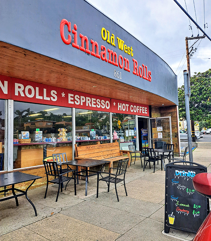 The unassuming storefront that houses pastry perfection. Old West Cinnamon Rolls' bold signage promises exactly what you'll get&mdash;no frills, just thrills for your taste buds.