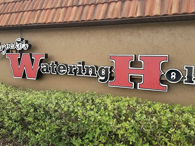 The iconic red signage of Cowpoke's Watering Hole beckons hungry travelers like a lighthouse for the famished. This unassuming exterior hides culinary treasures within. 