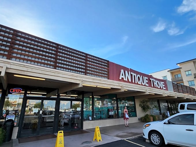 The unassuming exterior of Antique Trove belies the time-traveling adventure waiting inside. Like a TARDIS for treasure hunters in Scottsdale.