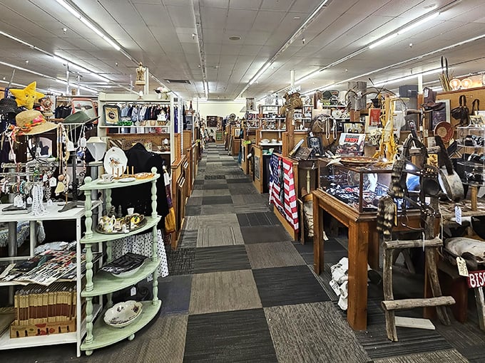 The unassuming storefront of Call it New / Call it Antique beckons with its bright blue signage, promising treasures that span decades of American life.
