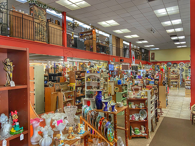 Vintage signs line the entrance corridor like a time-travel portal. Dr. Pepper thermometers and Shell Oil memorabilia welcome you to a wonderland of nostalgia.