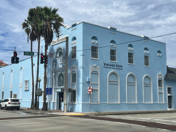 The sky-blue historic building housing Vintage Vero stands out like a tropical oasis in downtown Vero Beach, beckoning treasure hunters with its architectural charm.