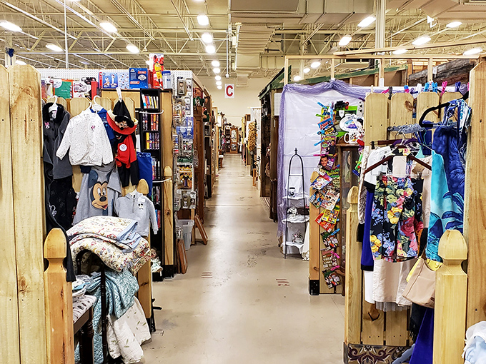 Endless aisles of memories stretch before you at Lakeland Antique Mall, where every booth is a portal to another era.