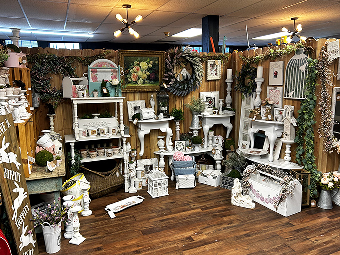 A wonderland of white furniture and vintage decor awaits, like stepping into a shabby-chic dream where time stands perfectly still.