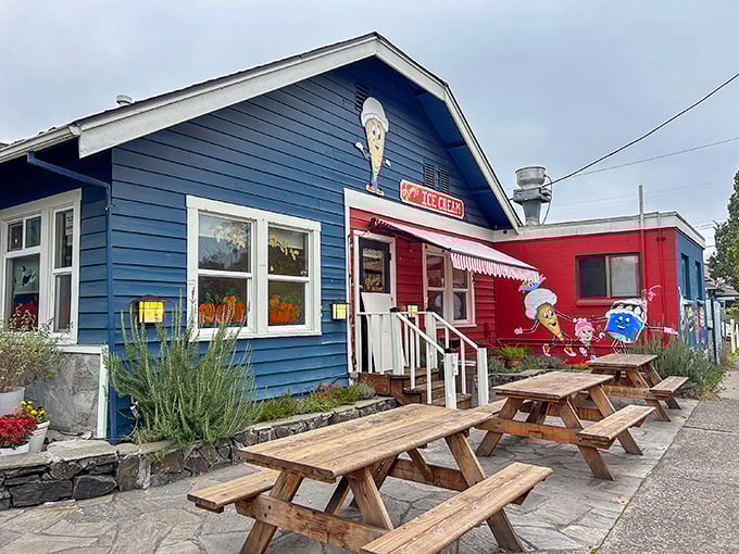The cheerful blue exterior of Mandy's Family Restaurant beckons like an old friend, complete with picnic tables for those rare sunny Oregon days.